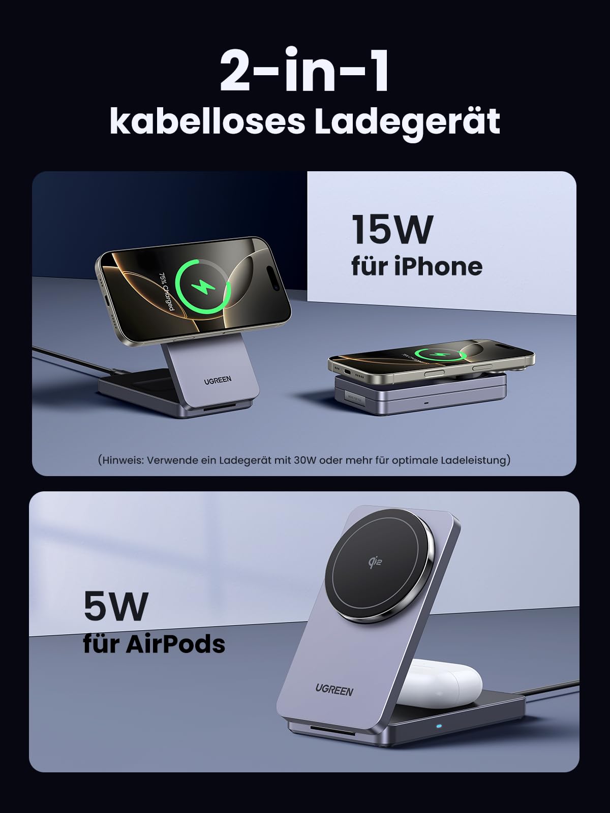 UGREEN MagFlow 2-in-1 Kabelloses Ladegerät (Qi2 15W, MagSafe-Kompatibe ...